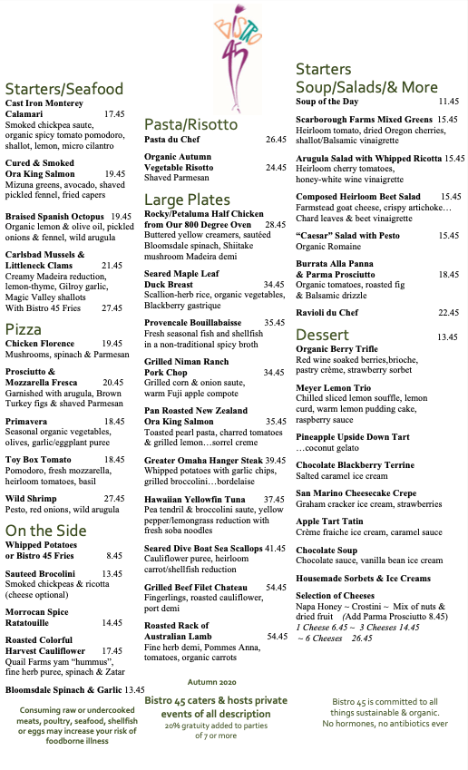 Dinner Menu, Dine-In and Curbside – Bistro 45