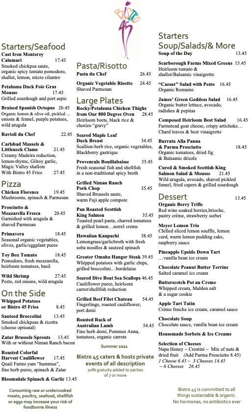 Dinner Menu, Curbside and Local Delivery – Bistro 45